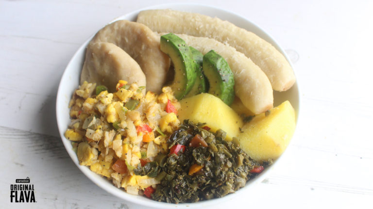 Jamaican hard food, boiled green banana, yam, dumpling, ackee callaloo ...